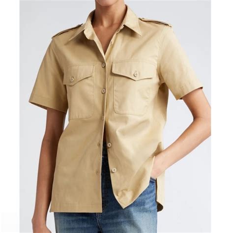 Nili Lotan Natalie Khaki Tan Epaulette Button Up Wome Gem