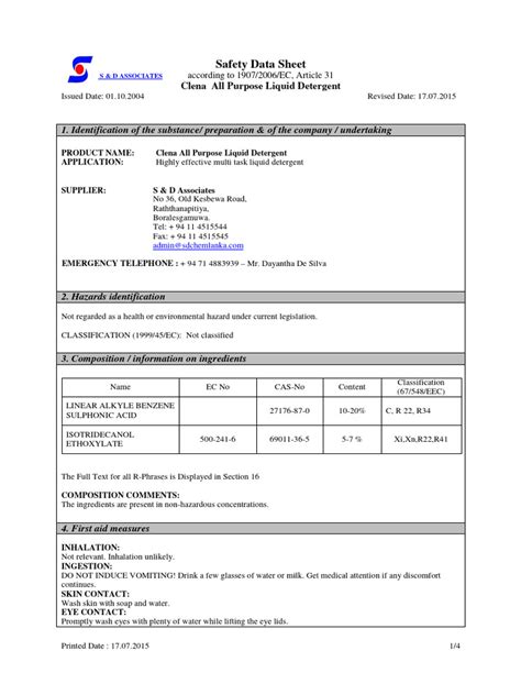 Clena All Purpose Liquid Detergent Msds Pdf Dangerous Goods Waste