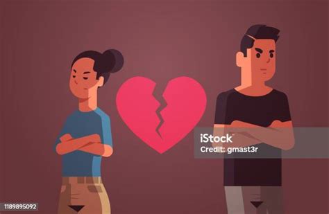 불행한 슬픈 부부 와 깨진 마음 가진 우울증 관계 문제 생활 위기 이혼 개념 남자 여자 이별 관계 평면 초상화 수평 가공의 인물에 대한 스톡 벡터 아트 및 기타 이미지