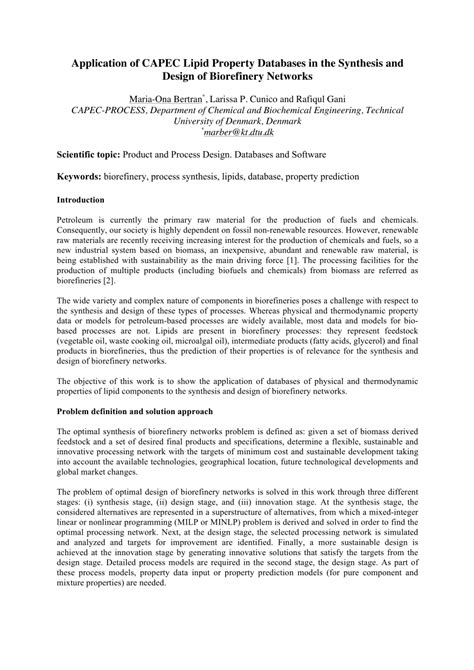 Pdf Application Of Speed Lipid Property Databases In The Synthesis And Design Of Biorefinery