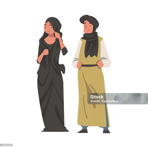 아랍 남자와 여자 서 서 전통적인 무슬림 드레스 와 긴 흐르는 의류 벡터 일러스트 아라비아에 대한 스톡 벡터 아트 및 기타