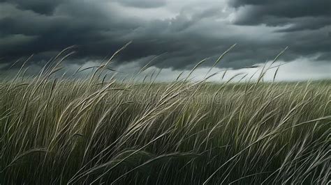A Field Of Tall Grass Bending Under The Force Of Strong Winds During A