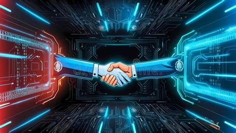 A Digital Handshake Between Two Entities Represented By Glowing Hands Stock Illustration