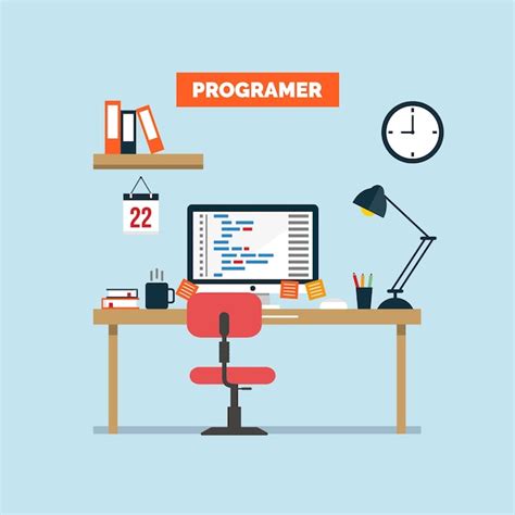 프로그래머 작업 책상의 그림 프리미엄 벡터