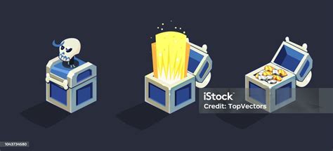 보물 상자 해골 게임 사용자 인터페이스 요소 비디오 컴퓨터 게임에 대 한 개방적이 고 폐쇄 파란색 상자 벡터 일러스트 레이 션 Brand Name Video Game에 대한