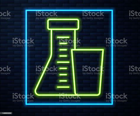 벽돌 벽 배경에 고립 된 빛나는 네온 라인 테스트 튜브 및 플라스크 화학 실험실 테스트 아이콘 실험실 유리 제품 기호 벡터 3차원 형태에 대한 스톡 벡터 아트 및 기타