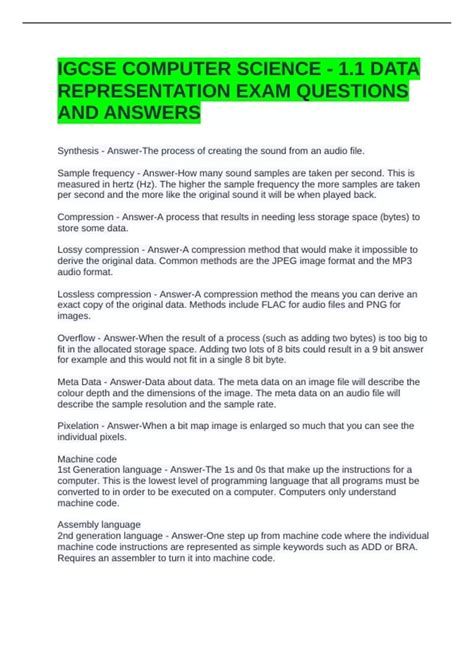Igcse Computer Science 11 Data Representation Exam Questions And Answers Cambridge Igcse