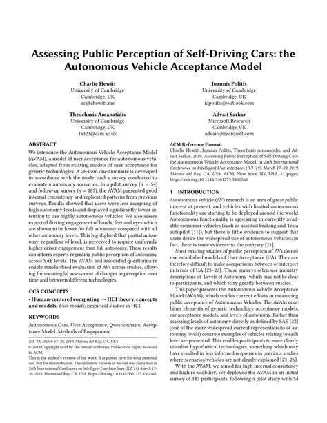 PDF Assessing Public Perception Of Self Driving Cars The Autonomous Vehicle Acceptance Model