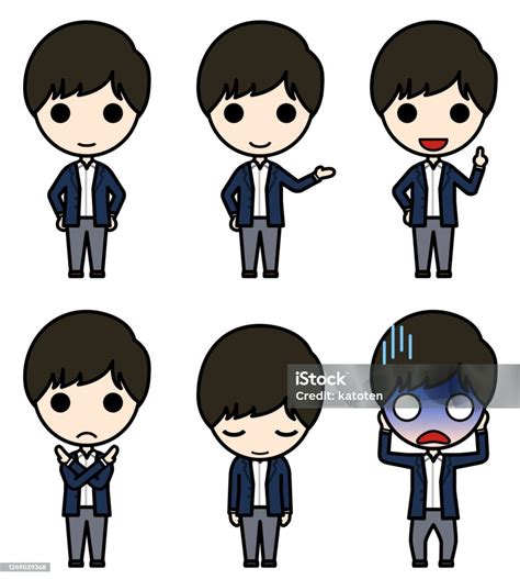아이콘 스타일의 캐릭터 캐주얼 정장에 젊은 남자의 다양한 포즈 가리키기에 대한 스톡 벡터 아트 및 기타 이미지 가리키기 거절 금지됨 Istock