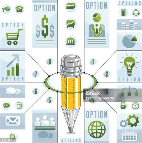 크리에이 티브 Infographics 개념 연필 중심된 드로잉 방식 벡터 일러스트 레이 션 개념에 대한 스톡 벡터 아트 및 기타 이미지 Istock