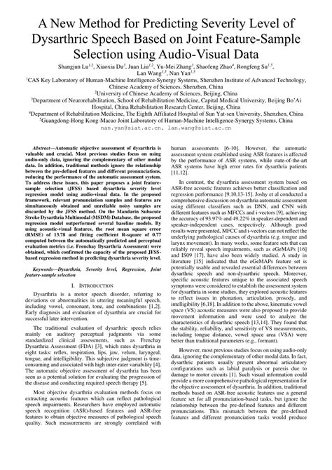 Pdf A New Method For Predicting Severity Level Of Dysarthric Speech Based On Joint Feature