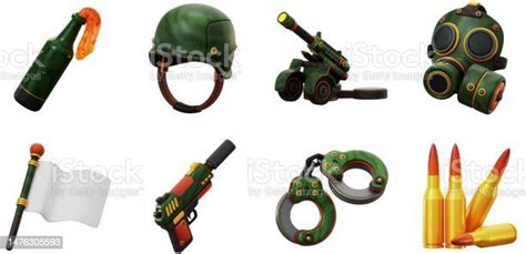 3d 군사 장비 세트 화염병 칵테일 수갑 총알 가스 마스크 포병 총 백기 소총 총기 무기 전투 싸움 탄약 육군 Ux Ui 웹 디자인 요소 3d 렌더링 그림 군용헬멧에 대한