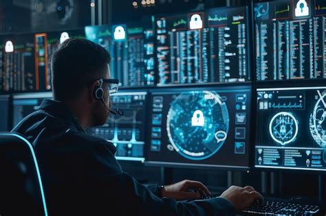 Premium Photo Cybersecurity Expert Analyzing Data On Multiple Monitors Digital Lock Icons