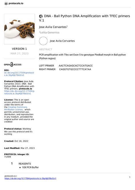 Pdf Dna Ball Python Dna Amplification With Tfec Primers V1