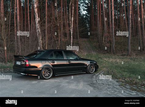 Goleniow Poland April 20th 2021 Old Black Tuned Mercedes Benz C Class W202 Model Near