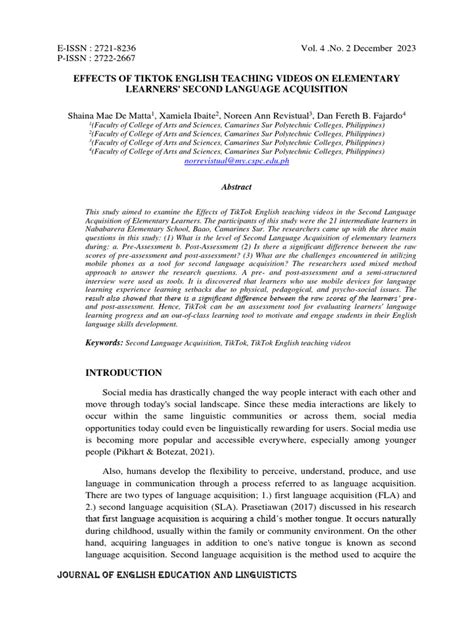 Effects Of Tiktok English Teaching Videos On Elementary Learners Sla Pdf Second Language