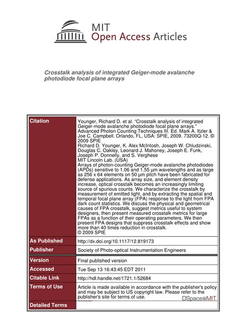 Pdf Crosstalk Analysis Of Integrated Geiger Mode Avalanche Photodiode Focal Plane Arrays