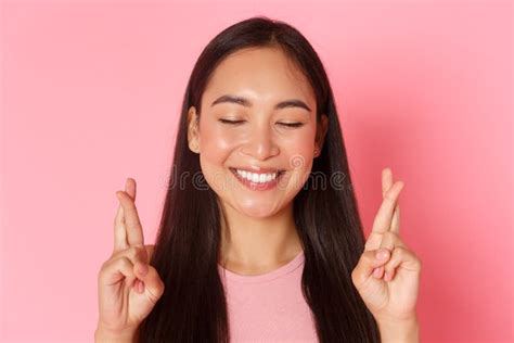 Beauty Fashion And Lifestyle Concept Close Up Of Hopeful Smiling