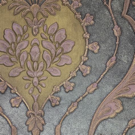 Z47029 Victorian Dark Gray Brass Purple Gold Metallic Ogee Damask Text