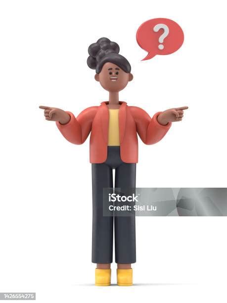 미소 짓는 아프리카 계 미국인 여성 코코가 서서 두 가지 방법 중 하나를 선택하고 다른 쪽을 손가락으로 가리키는 3d 그림 선택 의심 개념3d 흰색 배경에 렌더링 입체