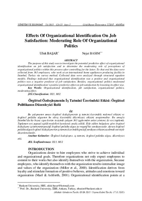 Pdf Effects Of Organizational Identification On Job Satisfaction