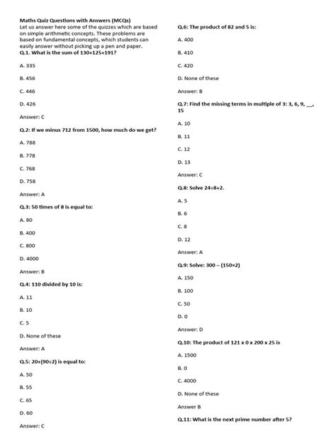 Maths Quiz Questions With Answers Pdf Geometry Geometric Shapes