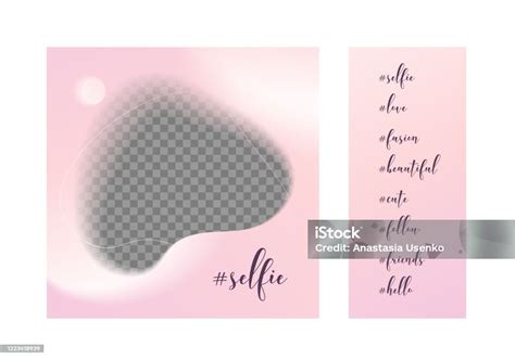 소셜 미디어 개념을위한 셀카 사진 프레임입니다 벡터 플랫 일러스트레이션입니다 투명 한 복사 공간 및 해시 태그 입력 스크립트 텍스트와 분홍색 레이아웃입니다 게시물 배너 광고