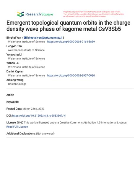 Pdf Emergent Topological Quantum Orbits In The Charge Density Wave Phase Of Kagome Metal Csv3sb5