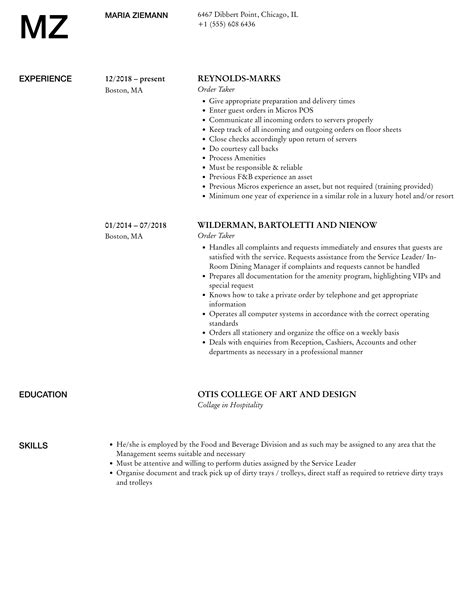 Order Taker Resume Samples Velvet Jobs