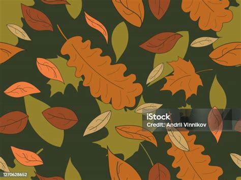 단풍은 매끄러운 패턴을 남깁니다 떨어지는 잎 잎이 떨어집니다 오크와 단풍 나무 포장지 인쇄 직물 및 인쇄를위한 배경 벡터 일러스트레이션 10월에 대한 스톡 벡터 아트 및