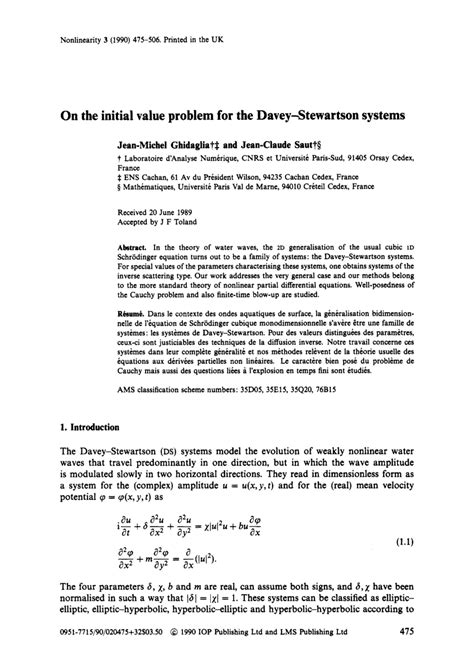 Pdf On The Initial Value Problem For The Davey Stewartson Systems