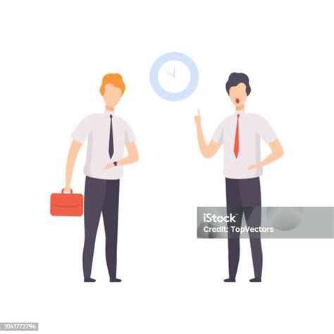 흰색 바탕에 늦은 벡터 일러스트 레이 션 작업에 온 직원에 게 시계에 시간을 가리키는 화가 보스 개념과 주제에 대한 스톡 벡터 아트 및 기타 이미지 Istock