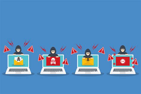 해커 랩톱 컴퓨터의 맬웨어 알림 기밀 데이터 개인 정보 및 신용 카드 세부 정보를 훔치는 랩톱 컴퓨터를 가진 해커 해킹 개념입니다 개성 개념에 대한 스톡 벡터 아트 및 기타