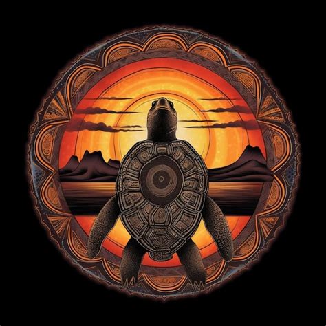 A Close Up Of A Turtle In A Circular Artwork With A Sunset In The