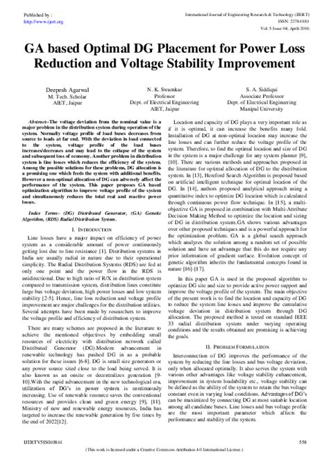 Pdf Ijert Ga Based Optimal Dg Placement For Power Loss Reduction And