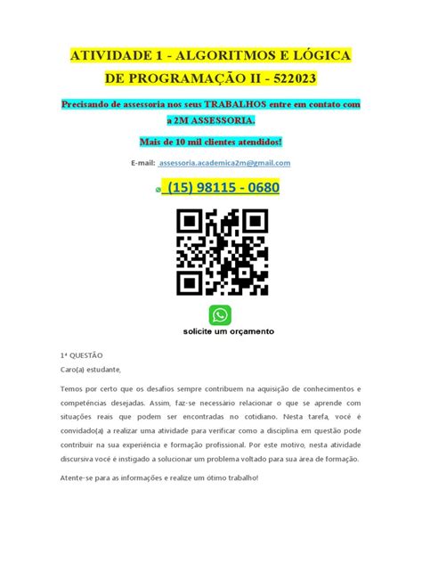 Atividade 1 Algoritmos E Lógica De Programação Ii 522023 Pdf