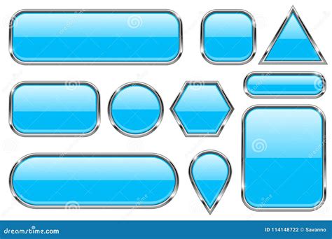 Blue Glass Buttons With Chrome Frame Colored Set Of Shiny D Web Icons Stock Vector