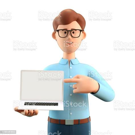 빈 화면 노트북 컴퓨터에서 손가락을 가리키는 미소 행복 한 남자의 3d 그림 만화 사업가 캐릭터 흰색 배경에 고립 3차원 형태에 대한 스톡 사진 및 기타 이미지 Istock