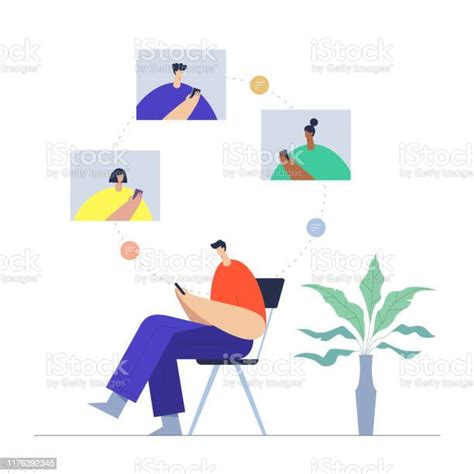 전화 소셜 네트워킹 모바일 및 인터넷 상호 작용의 통신을 가진 사람 사람과 가상 연결 현대 만화 캐릭터입니다 플랫 벡터 그림입니다 휴대용 통신 기기에 대한 스톡 벡터 아트