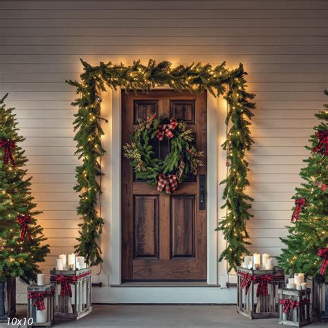 Christmas Front Door Plaid Wreath Lanterns Backdrop Denny Mfg