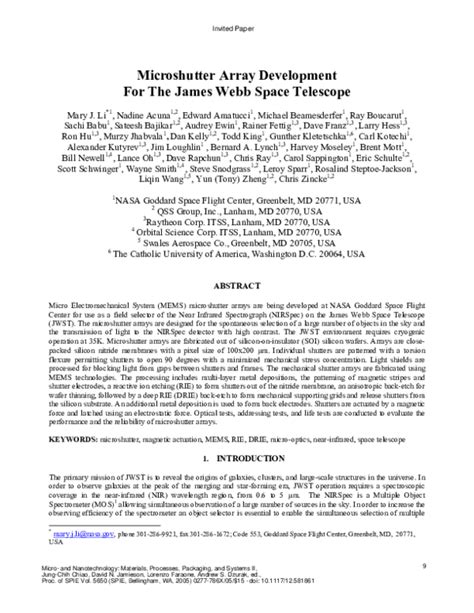 Pdf Microshutter Array Development For The James Webb Space Telescope