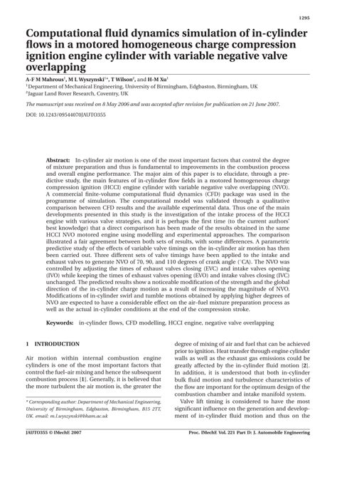 pdf computational fluid dynamics simulation of in cylinder flows in a