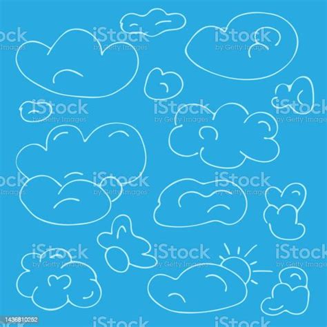 파란색 배경에 손으로 그린 구름 컬렉션 낙서 스타일의 격리된 벡터 요소입니다 스티커 장식 엽서 배지에 대한 윤곽 흰색 그림 개념에 대한 스톡 벡터 아트 및 기타 이미지