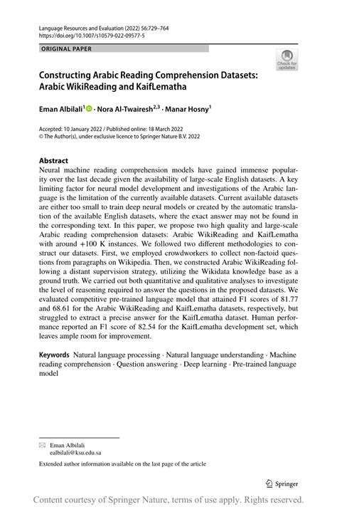Constructing Arabic Reading Comprehension Datasets Arabic Wikireading And Kaiflematha Request Pdf
