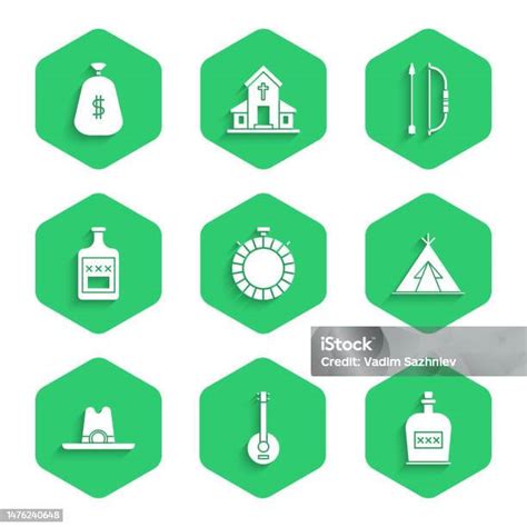 매점 물병 밴조 알코올 음료 럼 인도 천막 또는 Wigwam 서양 카우보이 모자 위스키 활과 화살 떨림과 돈 가방 아이콘을 설정합니다 벡터 0명에 대한 스톡 벡터 아트 및