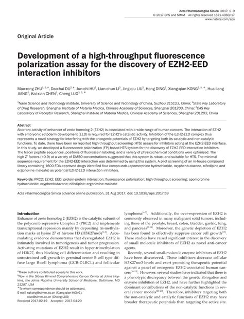 Pdf Development Of A High Throughput Fluorescence Polarization Assay For The Discovery Of Ezh2