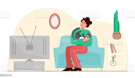 애완 동물 고양이 벡터 일러스트 만화 플랫 해피 맨 소유자 캐릭터와 함께 시간 소파에 앉아 흰색에 고립 된 자신의 동물 고양이와