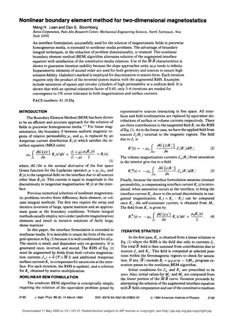 Pdf Nonlinear Boundary Element Method For Two‐dimensional Magnetostatics