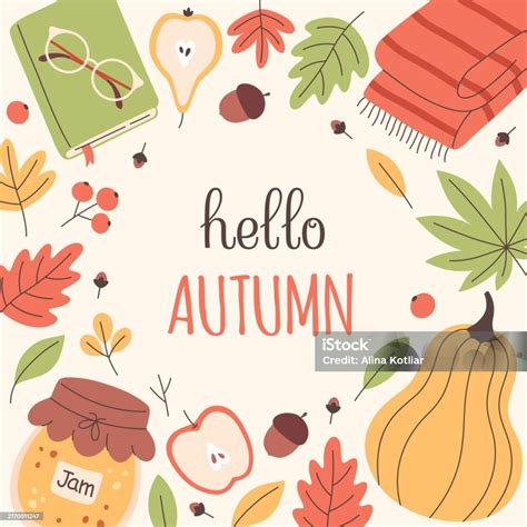 안녕하세요 가을 요소가 있는 가을 인사말 카드입니다 귀엽고 아늑한 계절 물건 가을 추수 감사절 플랫 스타일의 벡터 일러스트 레이 션 호박 파이 양념에 대한 스톡 벡터 아트