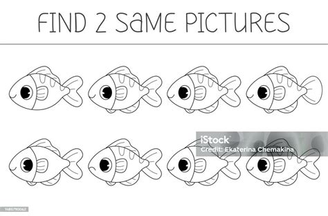 두 장의 사진 찾기는 물고기를 가진 아이들을 위한 교육용 게임입니다 귀여운 물고기 색칠하기 책 0명에 대한 스톡 벡터 아트 및